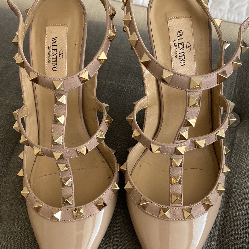 Valentino Rock Stud Heels, Nude, Gold Spikes - Gem
